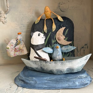 Paper Mache Boat Featuring Paper Animals: Panda, Blue Bird and Goldfish ...