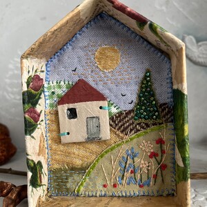 Textile Landscape Picture With Paper Mache Button House in a Handmade ...