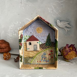 Textile Landscape Picture With Paper Mache Button House in a Handmade ...