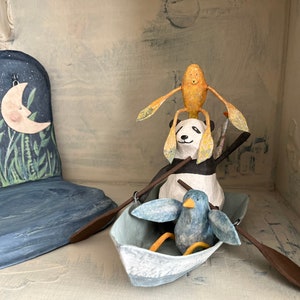 Paper Mache Boat Featuring Paper Animals: Panda, Blue Bird and Goldfish ...