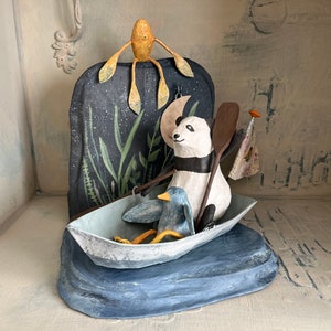 Paper Mache Boat Featuring Paper Animals: Panda, Blue Bird and Goldfish ...