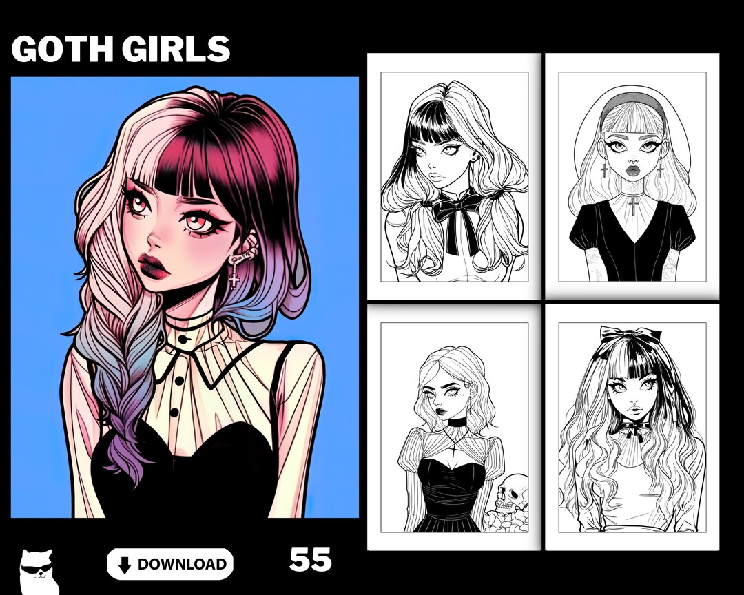 Goth Girls Fashion Gothic Hair Coloring Book, Adults Teens Instant ...