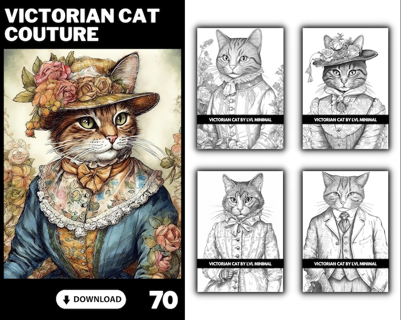 Victorian Cat Couture Coloring Book Adults Kids Coloring - Etsy