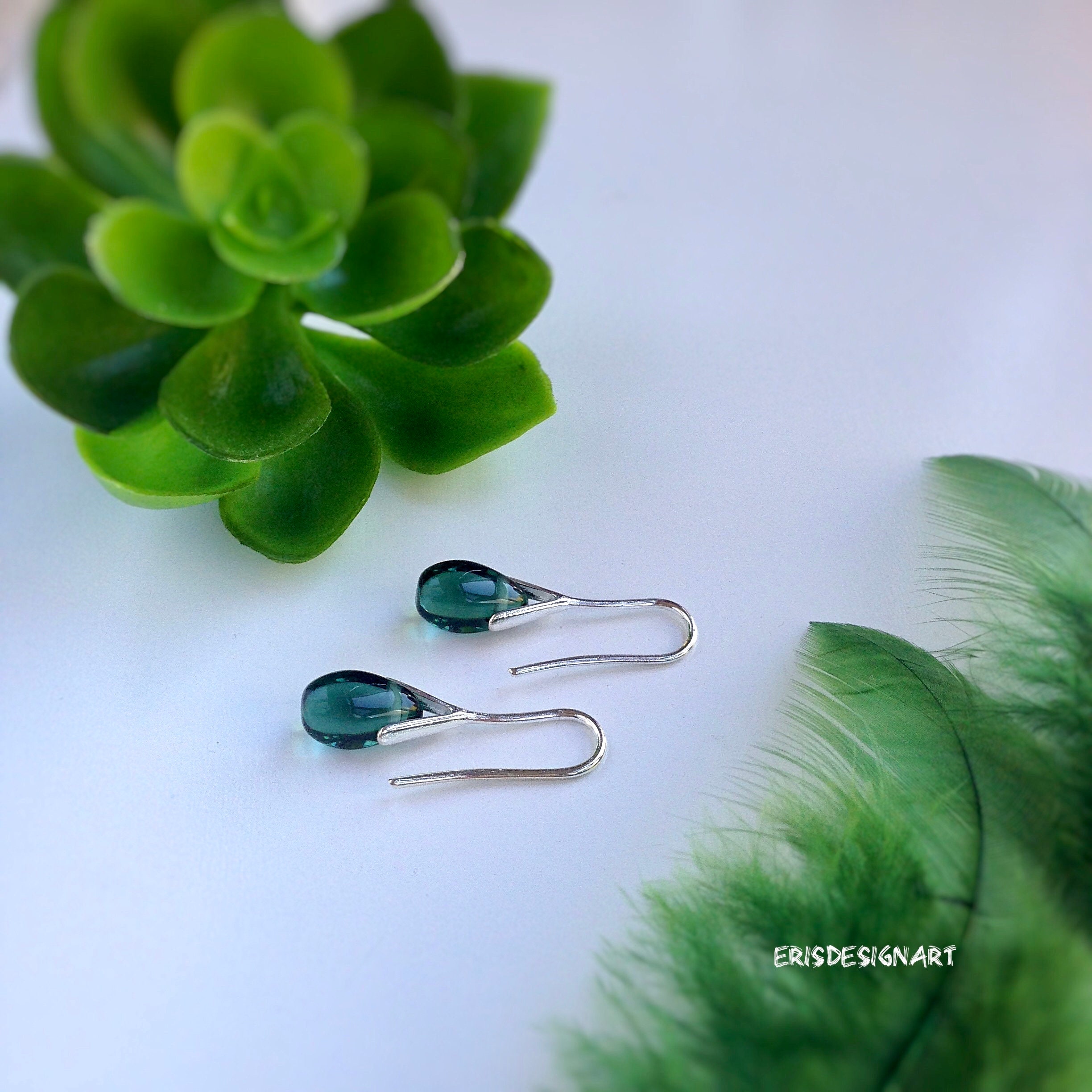 Emerald green drop earrings Glass dainty minimalist teardrop | Etsy