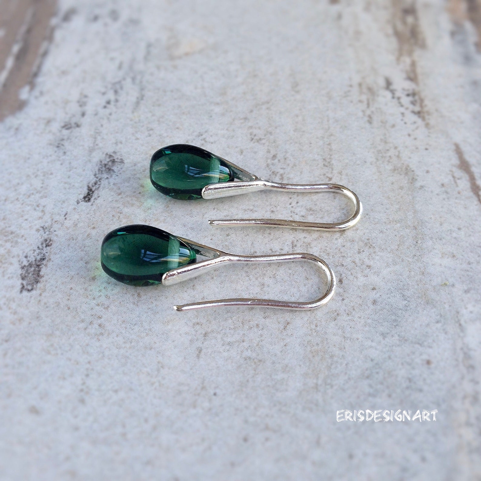 Emerald Green Drop Earrings Glass Dainty Minimalist Teardrop - Etsy