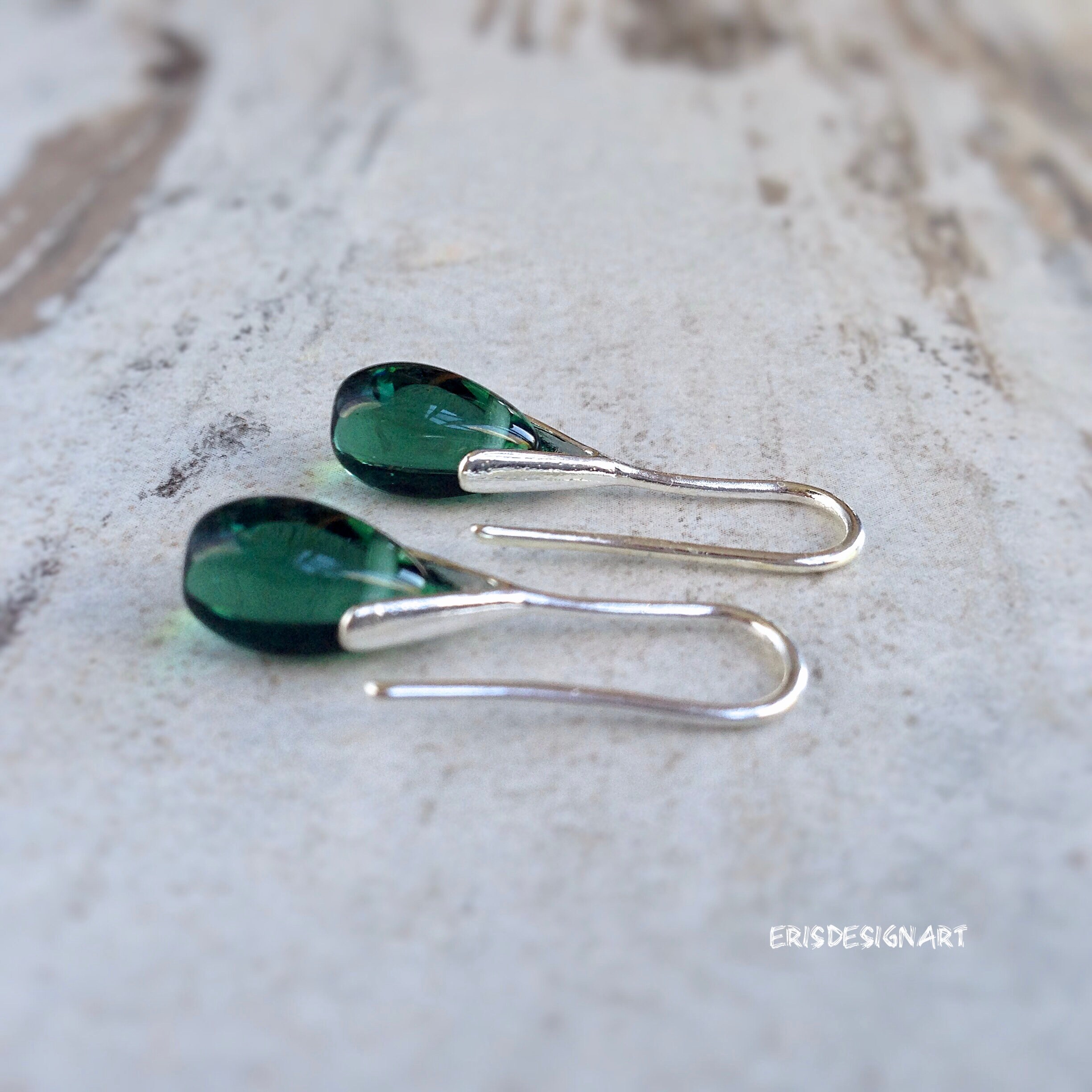 Emerald green drop earrings Glass dainty minimalist teardrop | Etsy