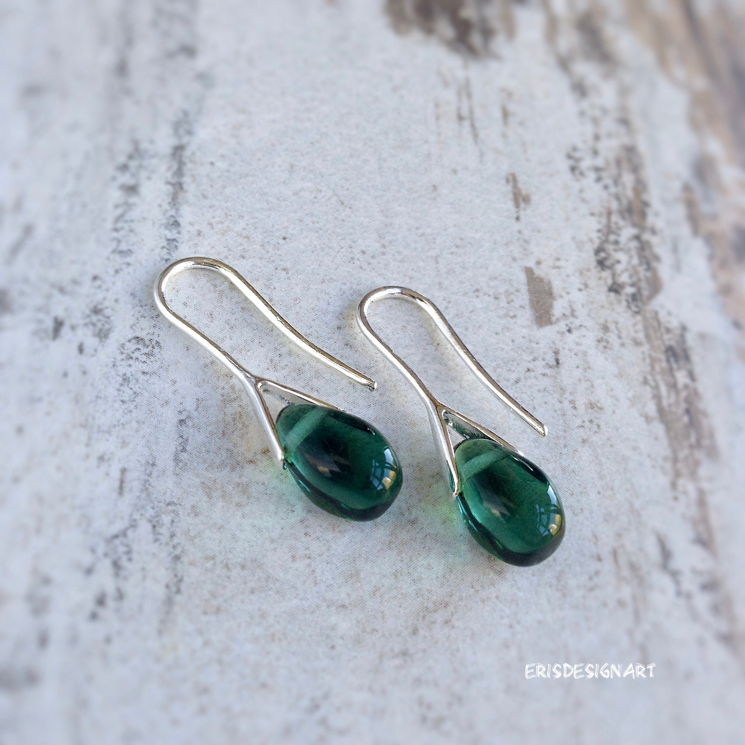Emerald green drop earrings Glass dainty minimalist teardrop | Etsy