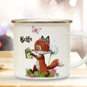 Emaille Becher Camping Tasse Motiv Fuchs Füchschen mit Buch & Wunschname Name Kaffeetasse ...