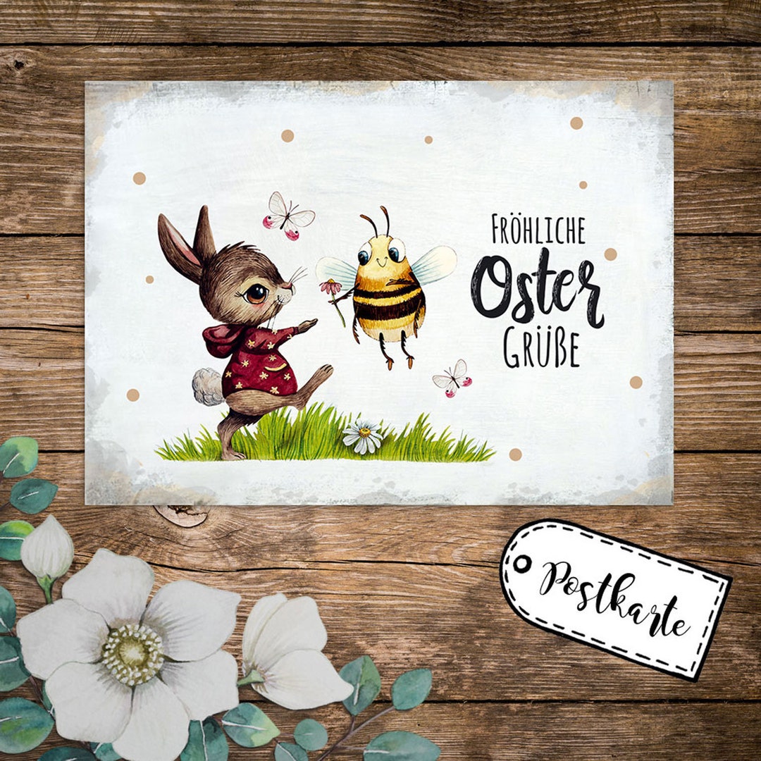 A6 Greeting Card Postcard Easter Card Print Bunny Bee Bees Bumblebee ...