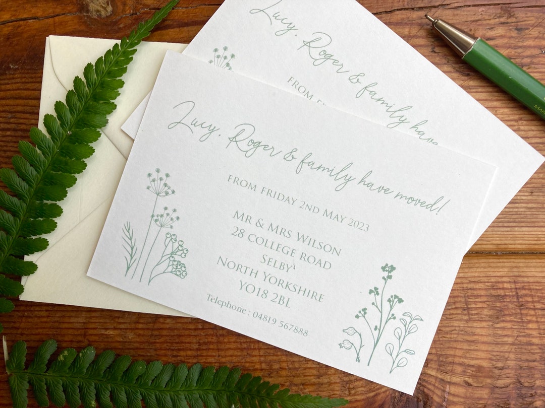 Personalised | Meadow Moving Cards | Pack of 24 or 48 | Sage Green Wild ...