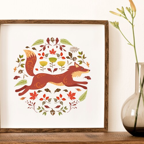Art Print: Autumn Fox Fall Leaves Wall Decor Cute Gift - Etsy