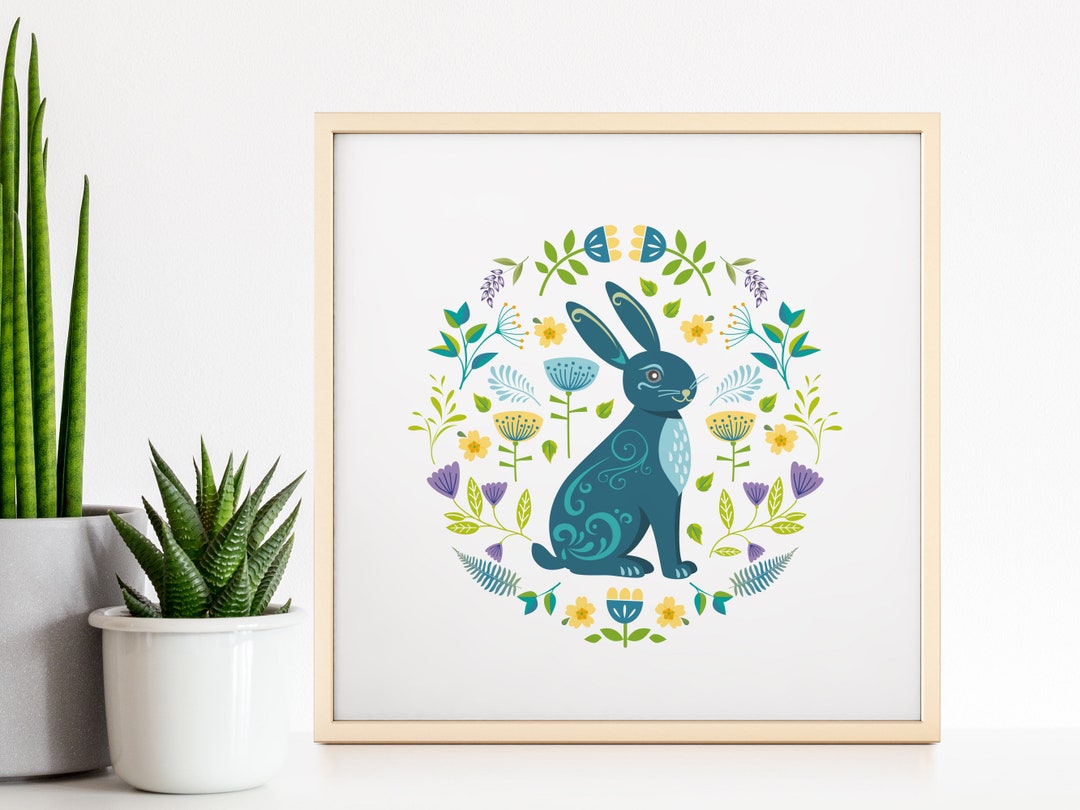 Rabbit Art Print | Scandinavian Folk Art Style Illustration | Spring ...