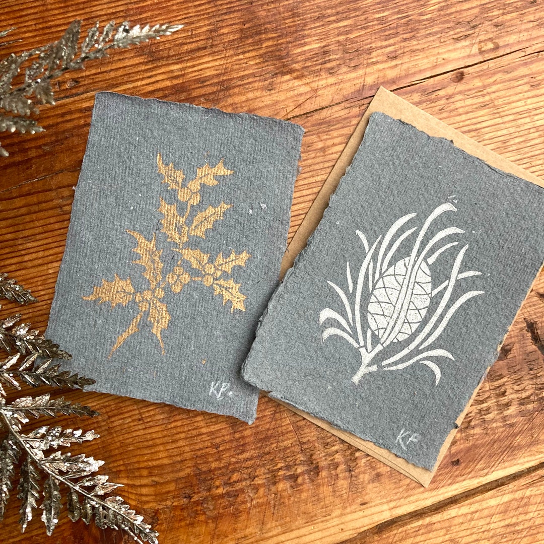 Holly or Pinecone Original Mini Linocut Print / Card Limited Edition - Etsy