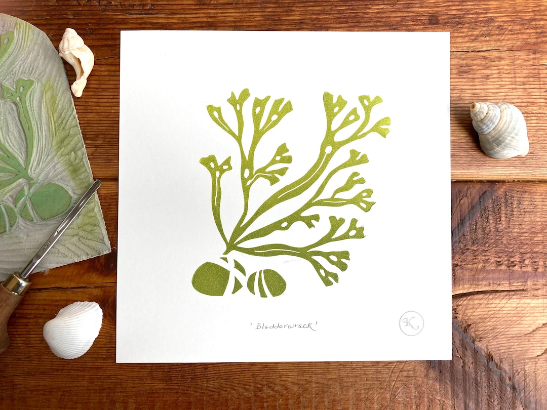 Linocut Print Seaweed, Pebbles Coastal Print Beach Wall Art Green ...
