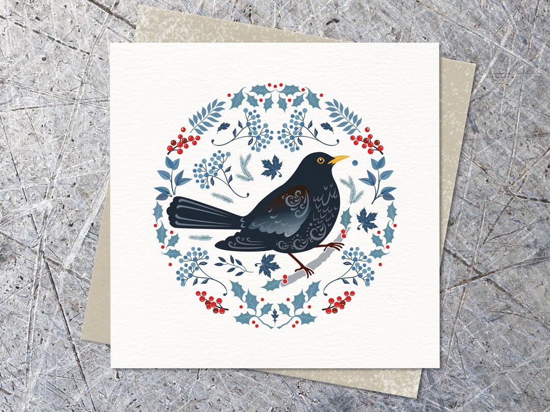 Blackbird Greeting Card Winter Bird Blank Card Scandinavian Folk Art