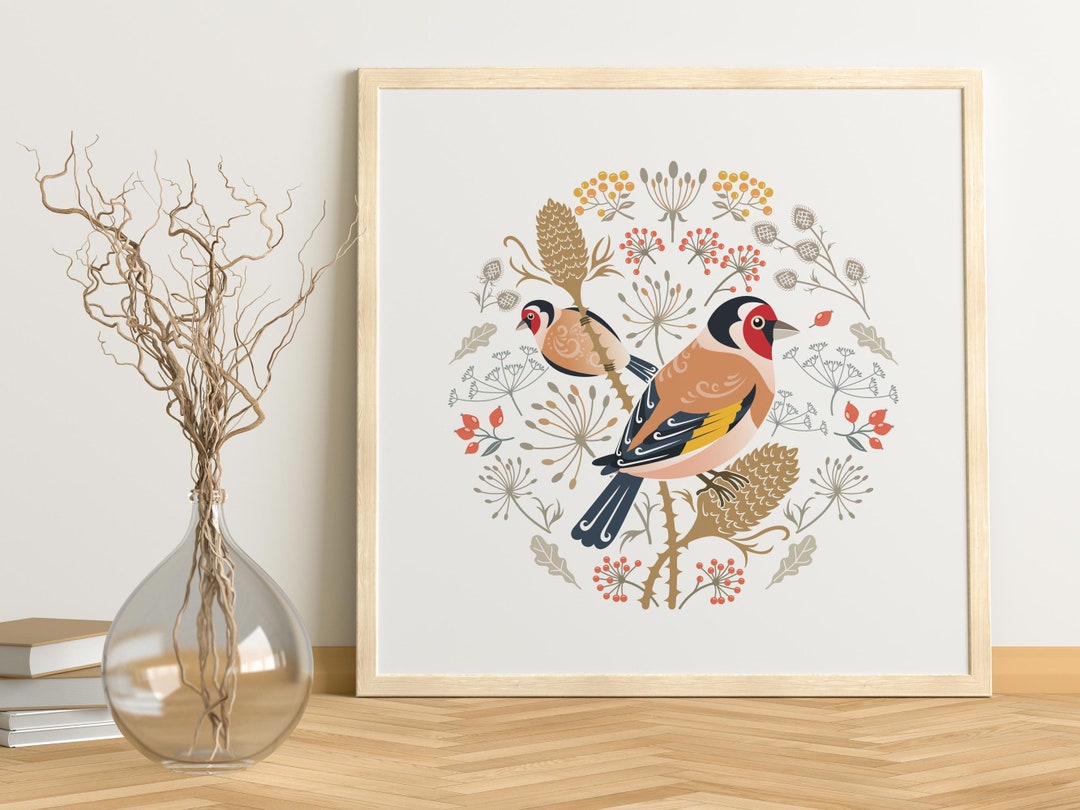 Goldfinch Art Print | Goldfinches Art | Scandi Folk Art Style Bird ...