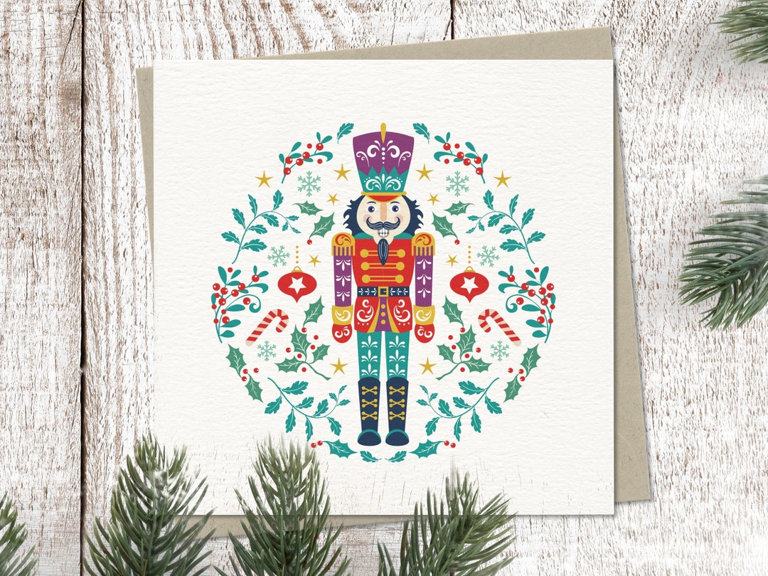 Nutcracker Christmas Card Scandi Christmas Folk Art Style Nutcracker Illustrated Greeting Card ...