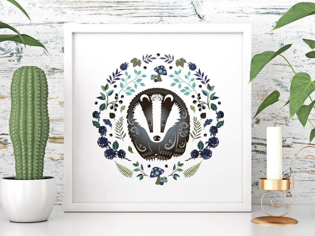 Badger Art Print | Scandinavian Folk Art Style Wildlife Illustration ...