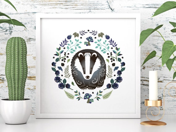 Badger Art Print Scandinavian folk art style wildlife | Etsy