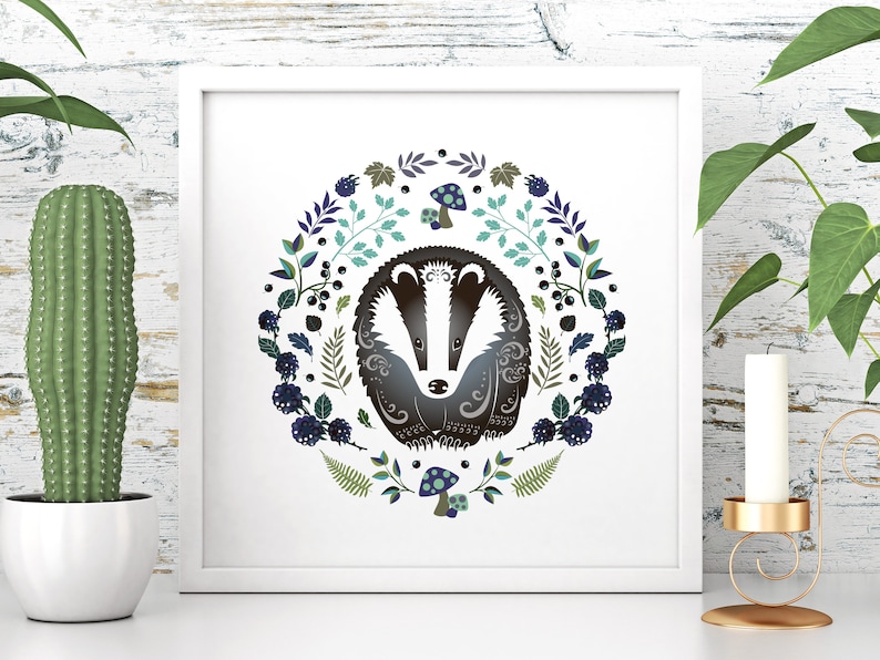 Badger Art Print Scandinavian Folk Art Style Wildlife - Etsy