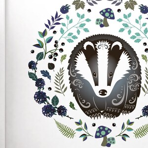 Badger Art Print | Scandinavian Folk Art Style Wildlife Illustration ...