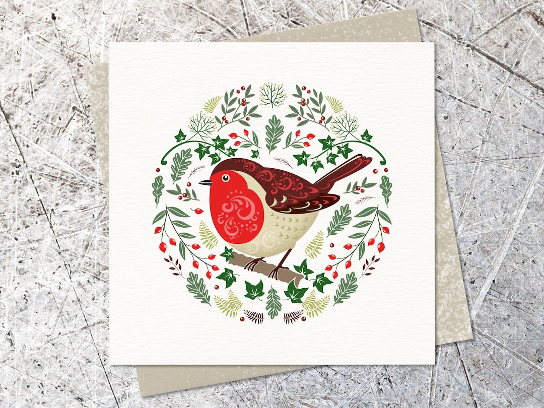Robin Christmas Card - a Traditional Robin Xmas Design Illustrated in a ...