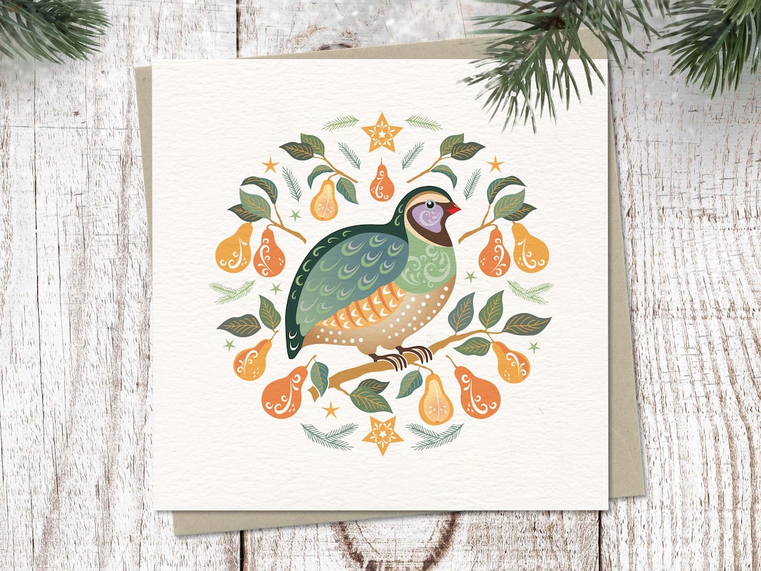 A Partridge in a Pear Tree Christmas Card - Scandi Folk Art Greetings ...
