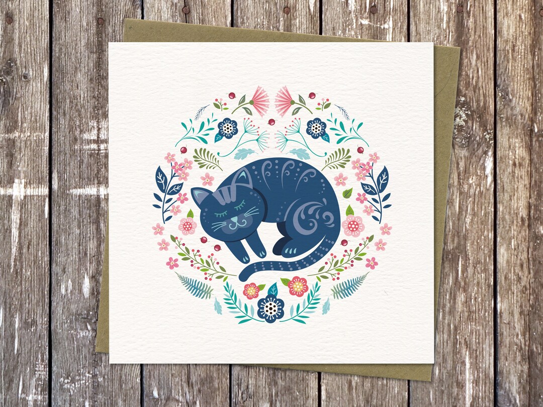 Cat Card | Illustrated Cat in Flowers | Sleeping Cat | Scandinavian ...