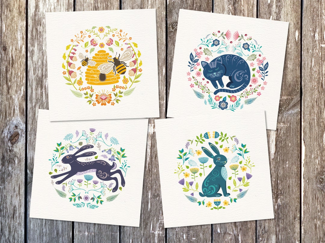 8 Spring Cards Set of Little Scandi Folk Art Style Illustrated Cards ...