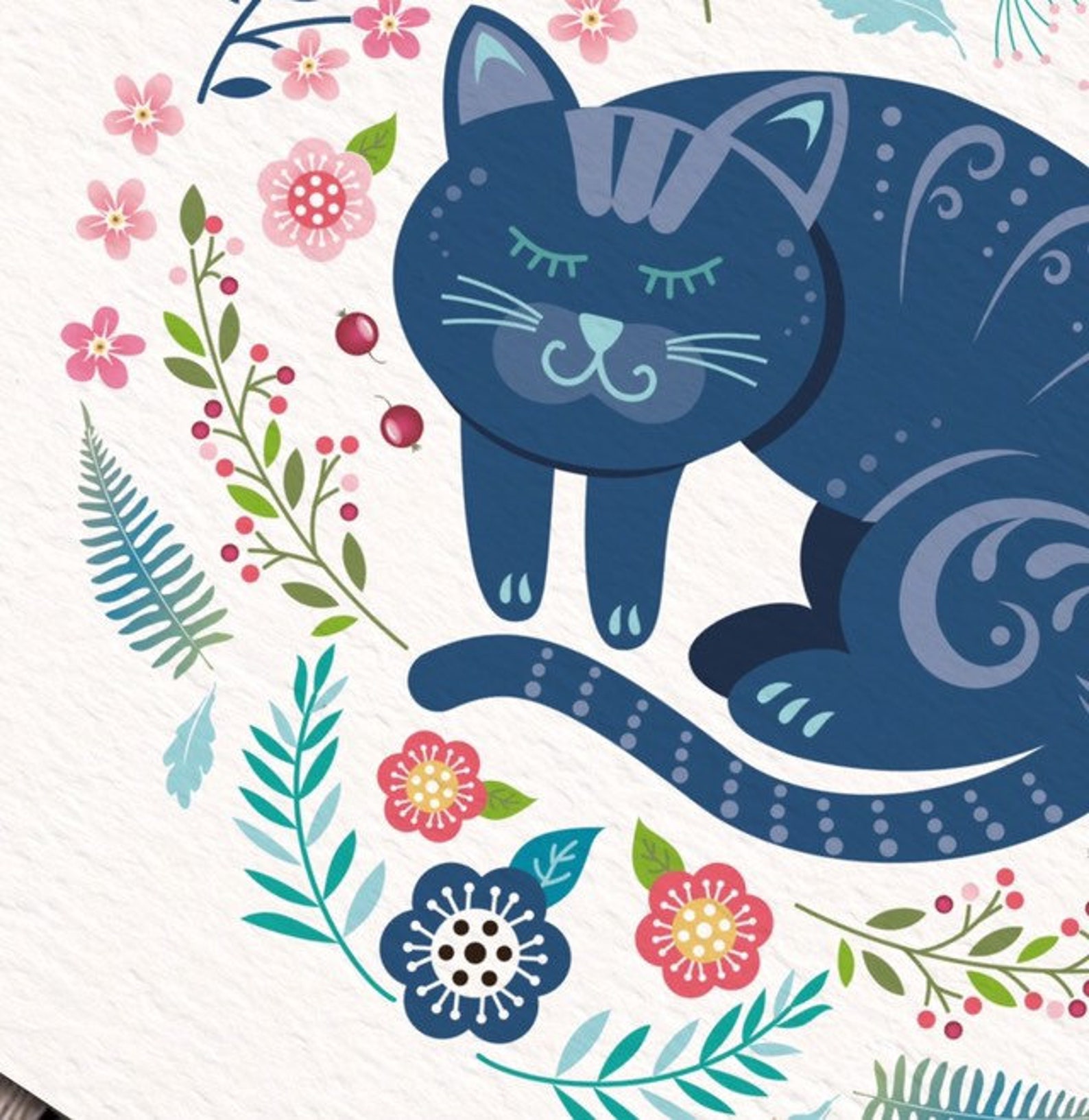 Cat Card Illustrated Cat in Flowers Sleeping Cat - Etsy