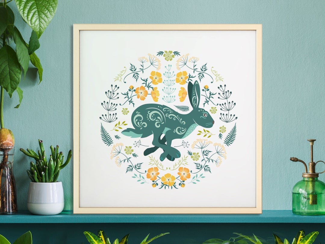 Hare Art Print Wildlife Wall Art Scandi Folk Art Style - Etsy