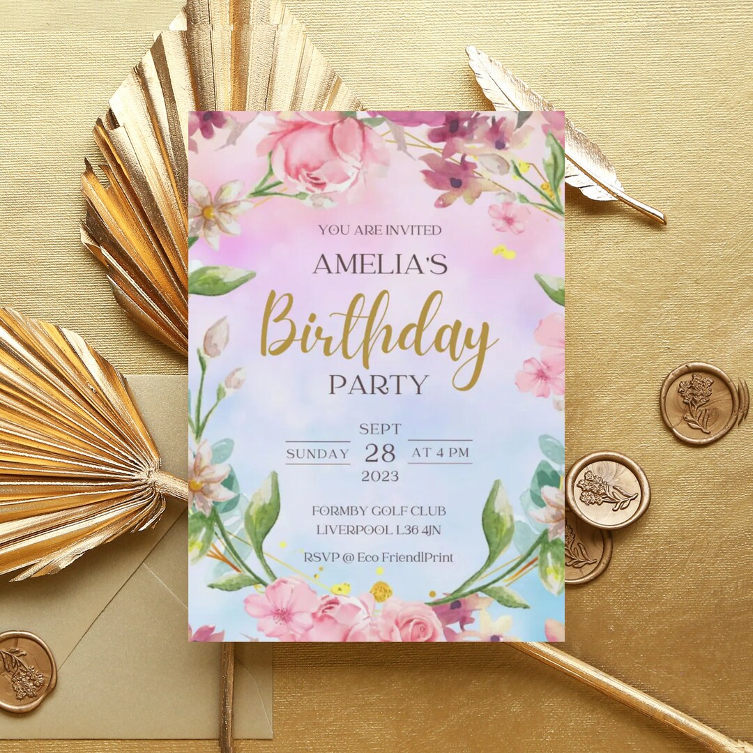 Pink Floral Birthday Party Invitation, Floral Birthday Invite, Any Age ...
