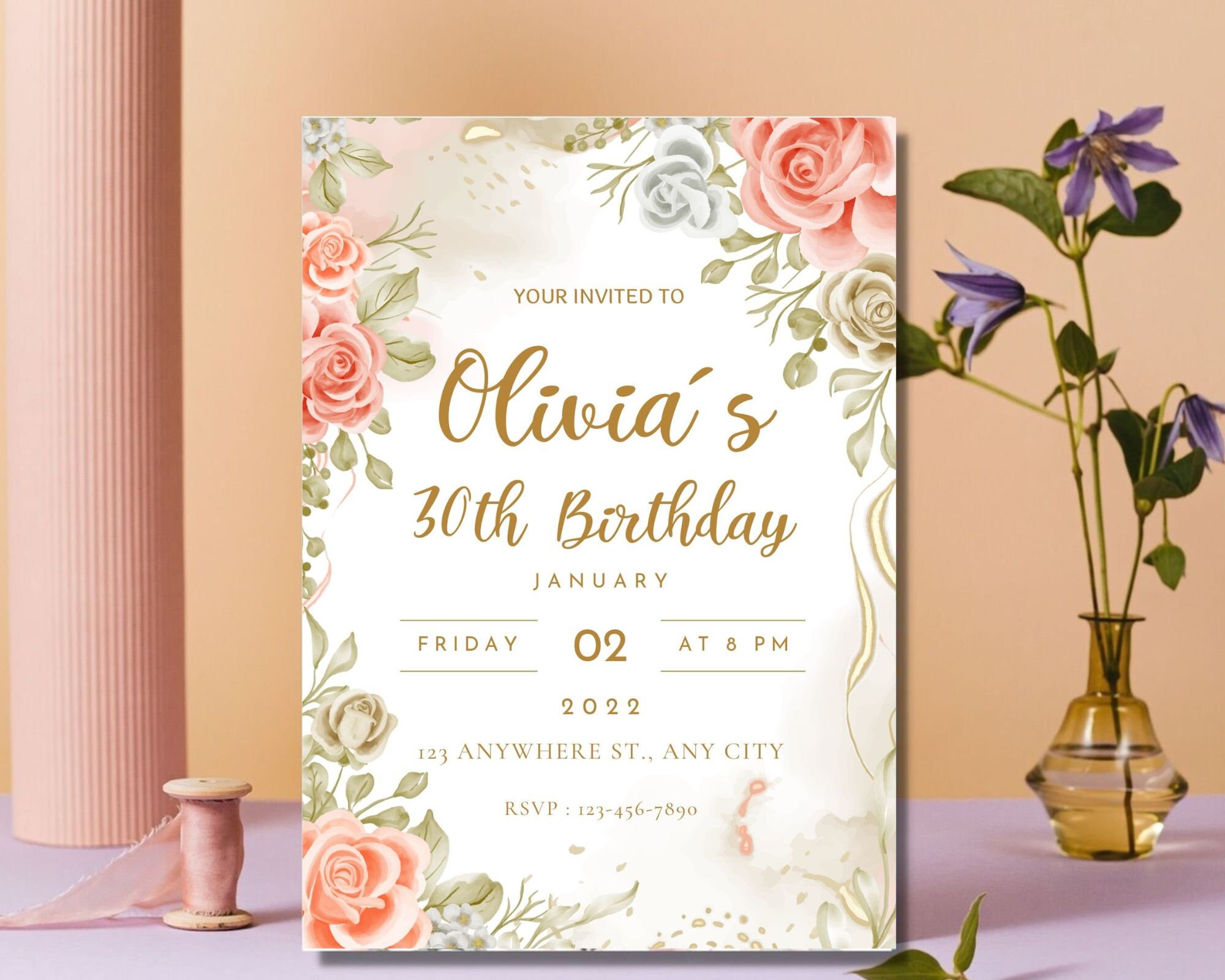 Pink Rose Birthday Party Invitation Floral Birthday Invite - Etsy