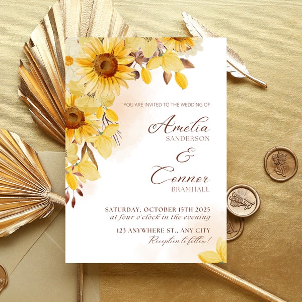 Rustic Sunflower Wedding Invitation Template - Etsy