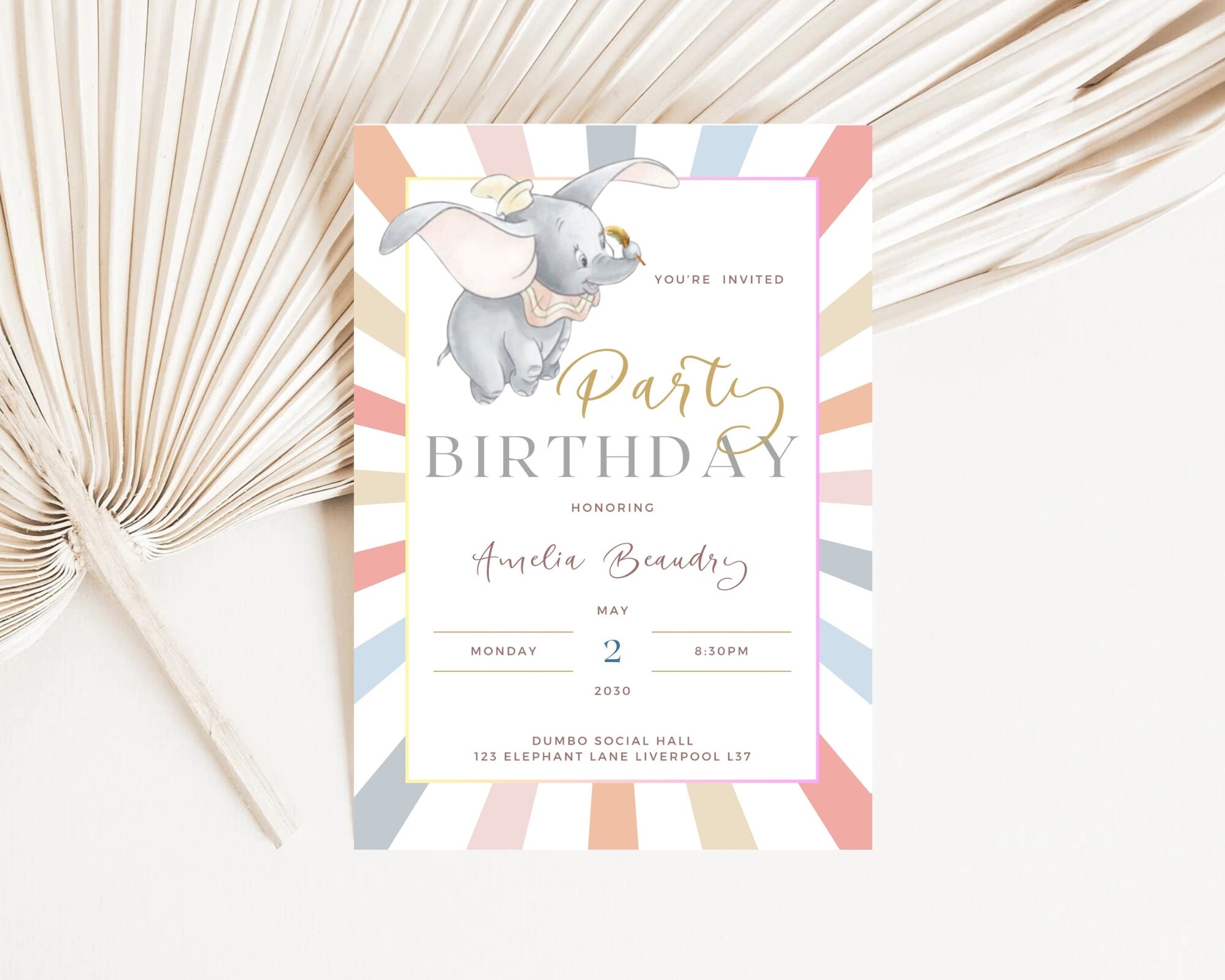 Editable Dumbo Birthday Party Invitation Girl Pink Dumbo Invite ...