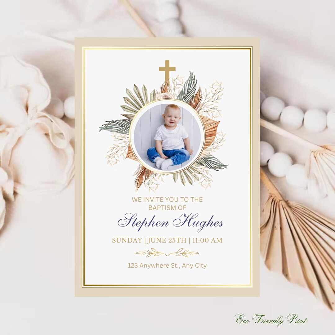 Boho Christening Invitation Template: Photo Baptism Invite (digital ...