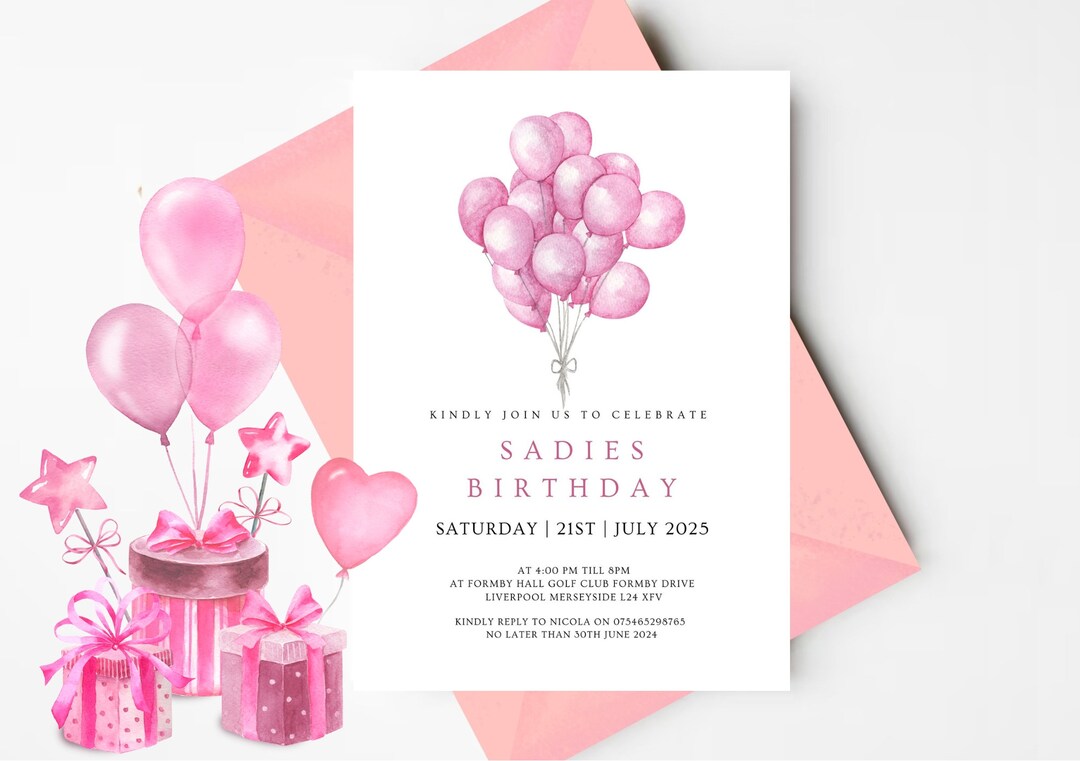 Pink Balloon Birthday Party Invitation, Balloons Birthday Invite, Any ...