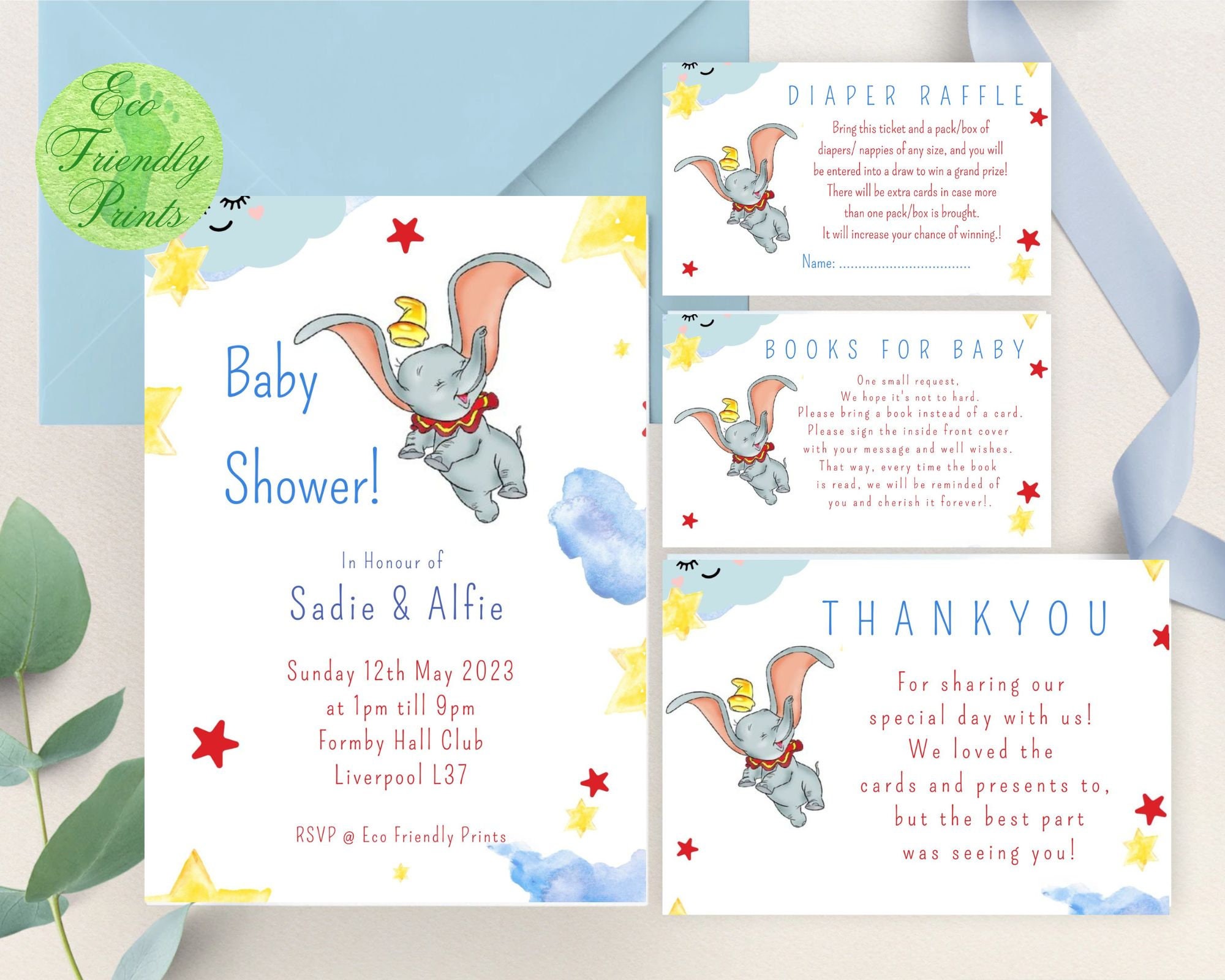 Dumbo Baby Shower Invitation Bundle, Stork Baby Shower Editable Invite ...