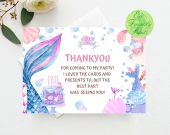 Editable Mermaid Birthday Party Thank You Card. Printable Magical ...
