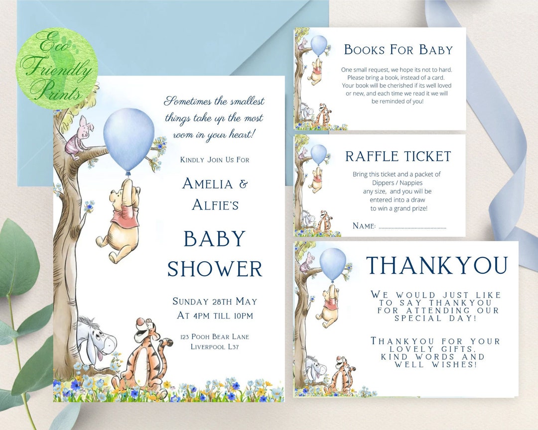 Classic Winnie the Pooh Baby Shower Invitation Boy Blue Balloon Invite ...
