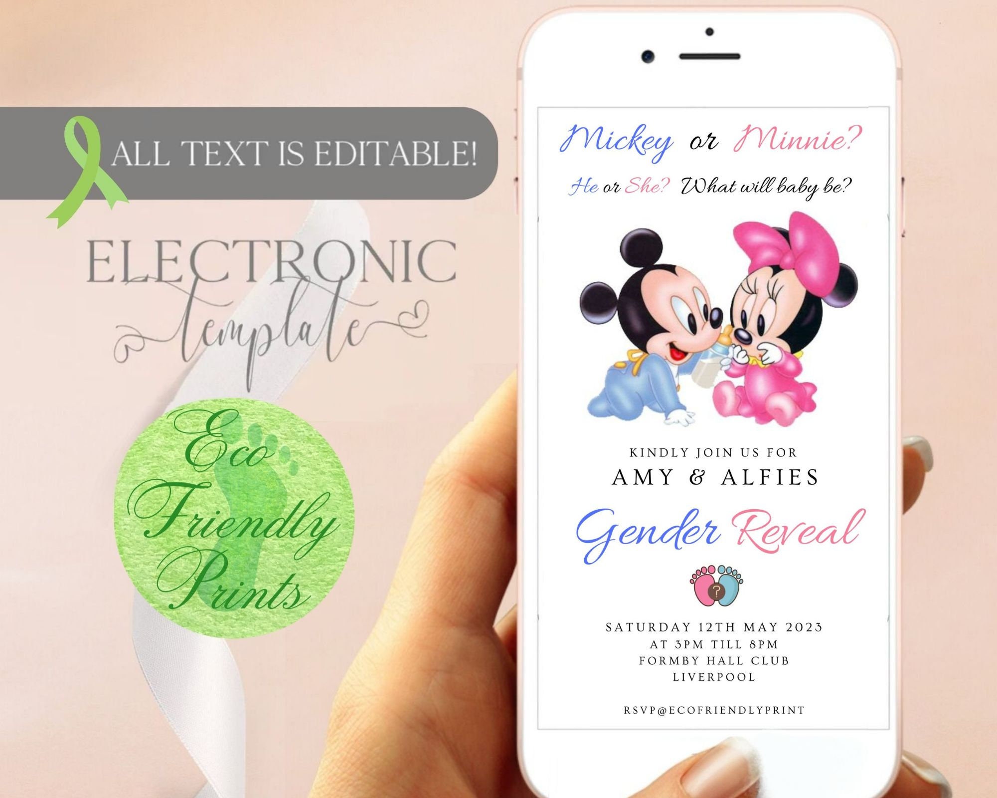 Editable Mickey Mouse Gender Reveal Invitation Gender Neutral Mickey or ...