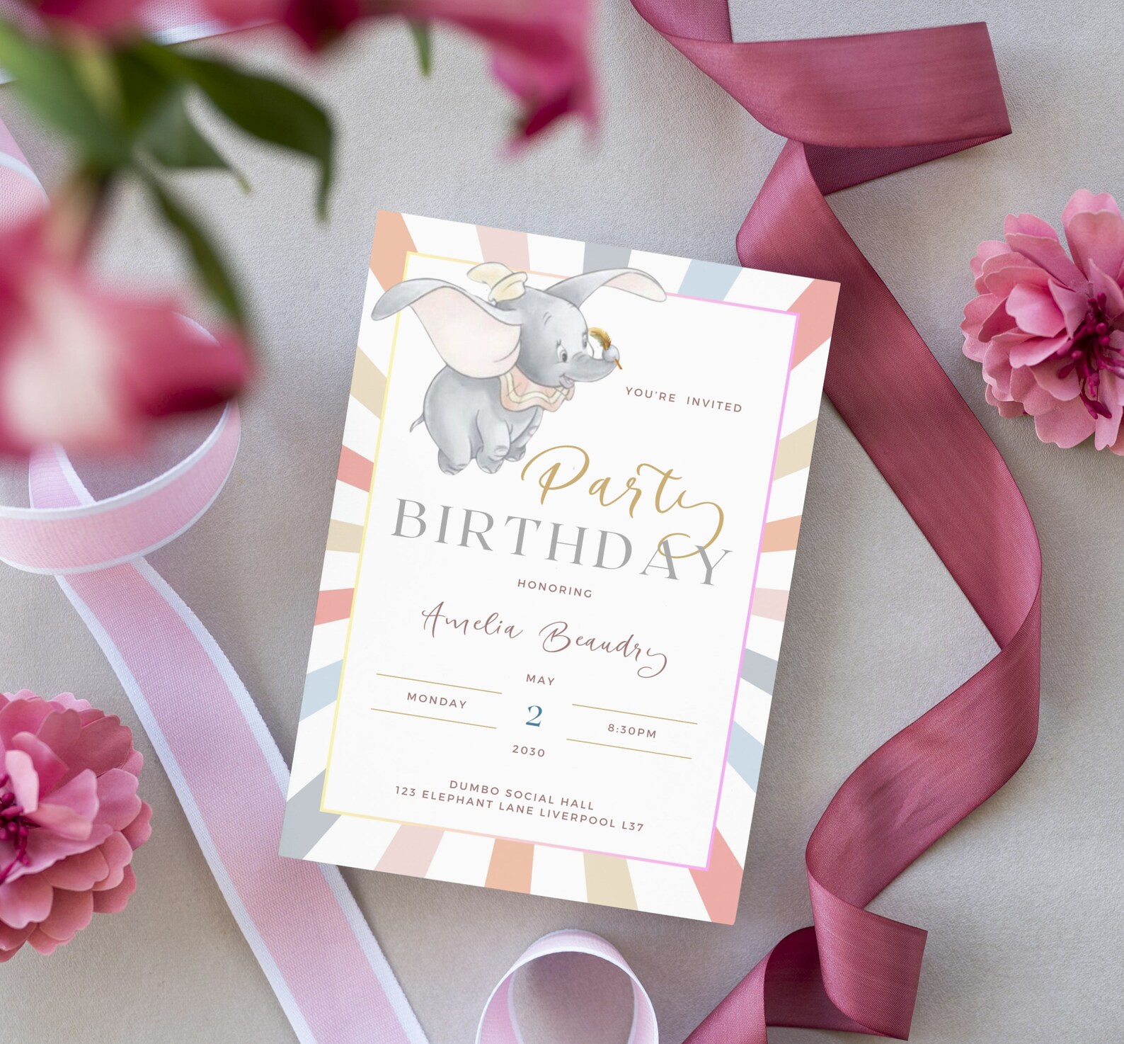 Dumbo Birthday Invitation, Dumbo First Birthday Invitation, Dumbo Party ...