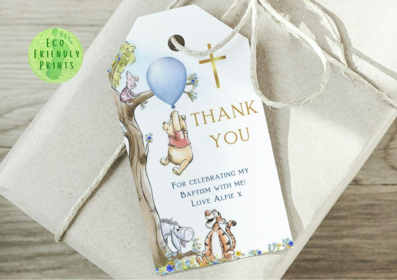 Winnie the Pooh Baptism Favor Tags: Blue Pooh Bear, Editable (digital ...