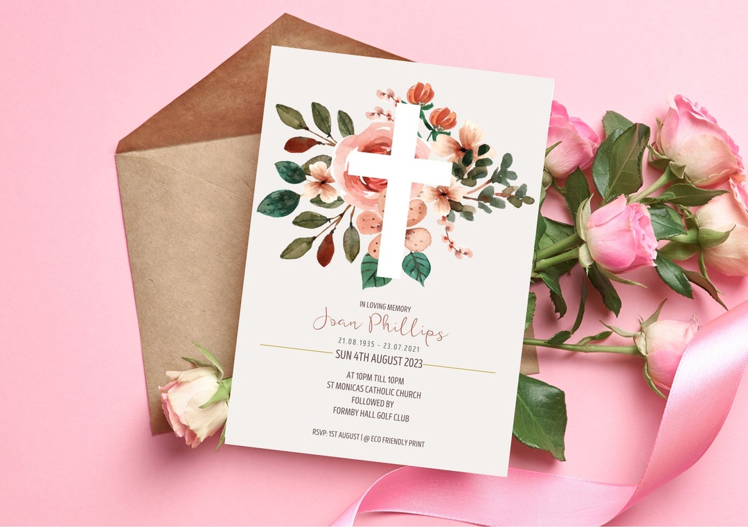 Funeral Announcement, Memorial Service Invite, Floral Cross Funeral ...