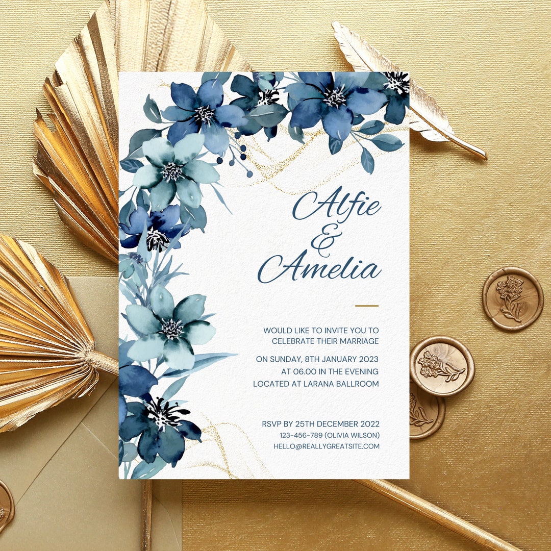Editable Blue Floral Invitation, Blue Floral Wedding Invite, Wedding ...