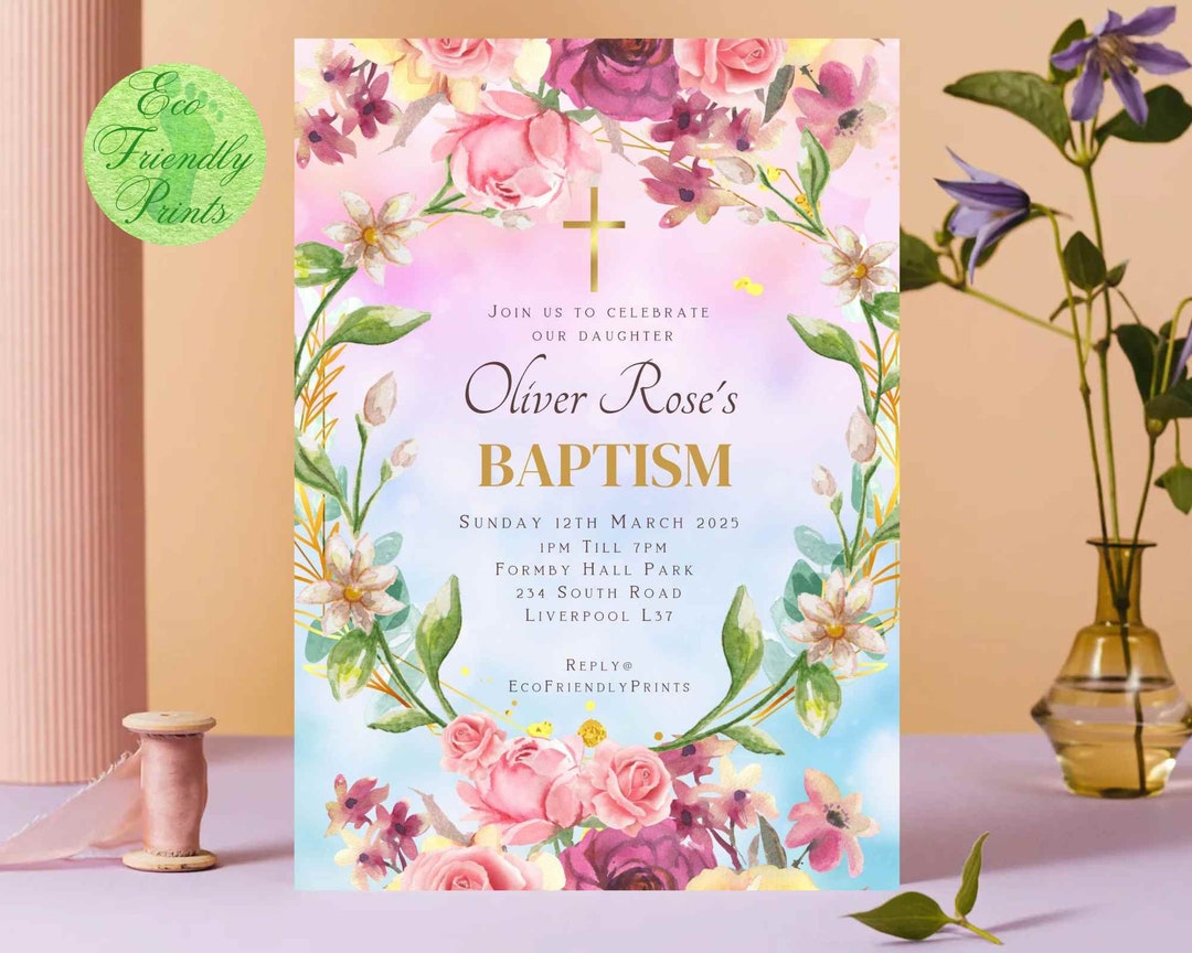 Pink Floral Baptism Invitation Template Girl Baptism Invitation Pink ...
