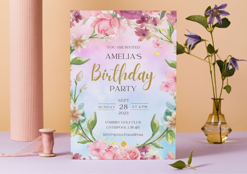Pink Floral Birthday Party Invitation, Floral Birthday Invite, Any Age ...