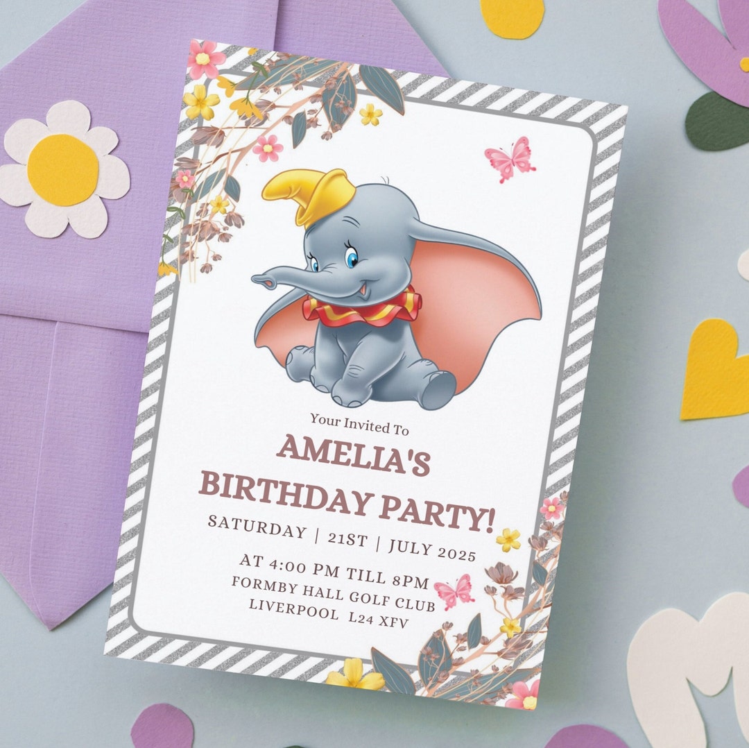 Dumbo Birthday Invitation Girl, Pink Dumbo First Birthday Invite ...