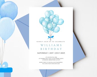 Blue Balloon Boys Birthday Party Editable Invitation - Digital Template ...