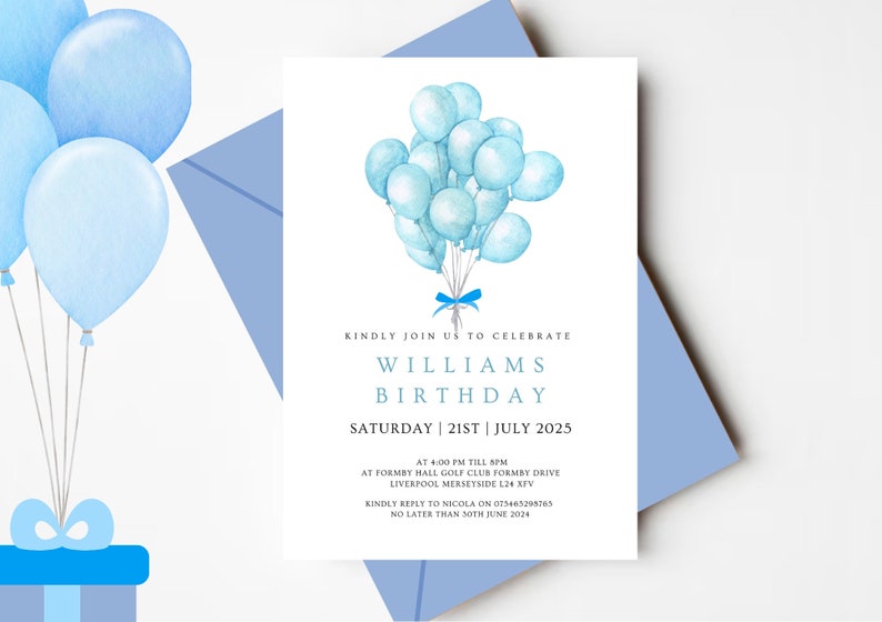 Editable Balloon Birthday Party Invitation, Blue Balloon Birthday ...